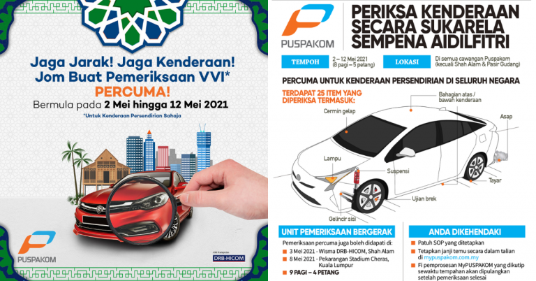 Pemeriksaan Kenderaan Percuma PUSPAKOM Sehingga 12 Mei