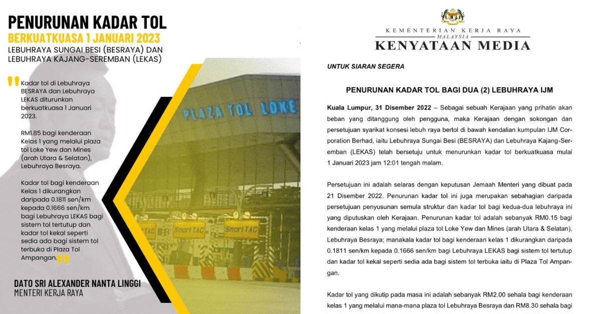 Kadar Tol Highway BESRAYA & LEKAS Turun Mulai 2023