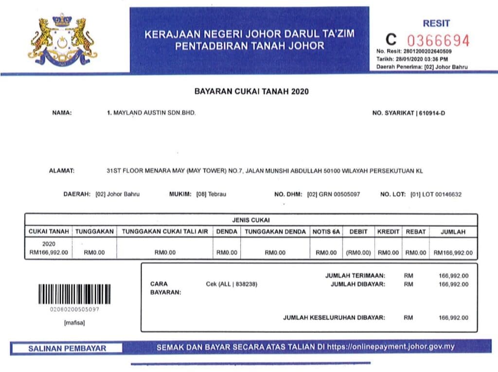 Cukai Tanah : Semakan Akaun dan Cara Pembayaran Online